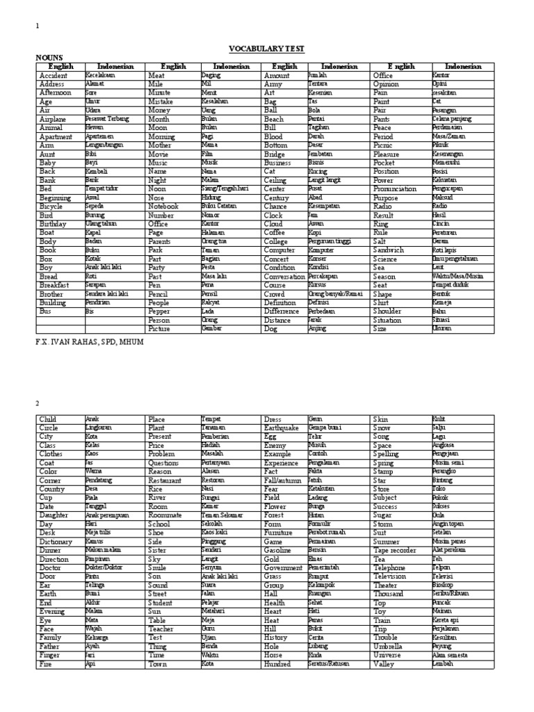 Vocabulary Test Nouns English Indonesian English Indonesian English ...