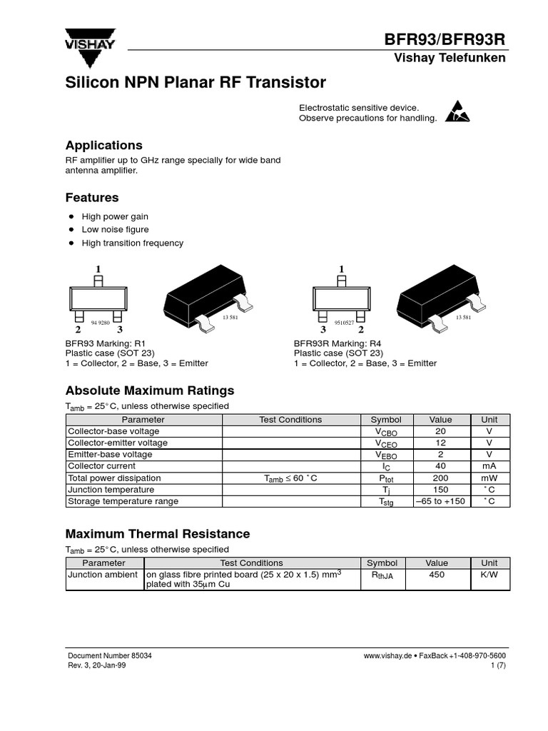 BFR93/BFR93R: Vishay Telefunken | PDF | Bipolar Junction Transistor ...