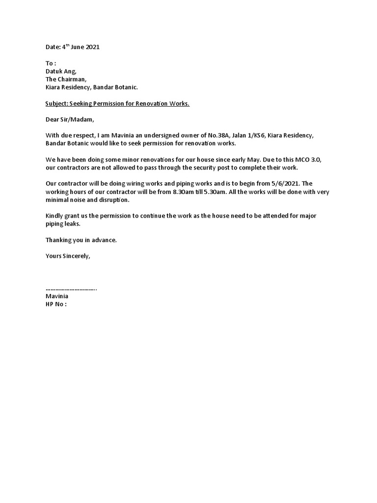Letter For Work Permission | PDF