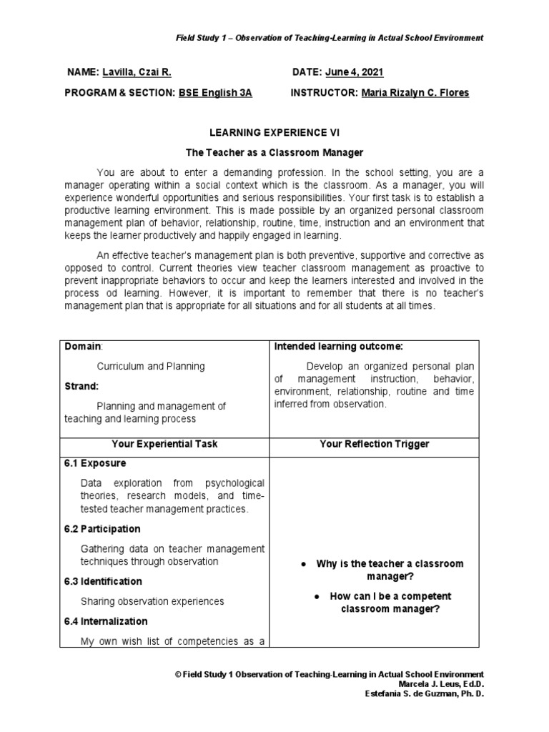 Field Study 1 - Observation of Teaching-Learning in Actual School ...