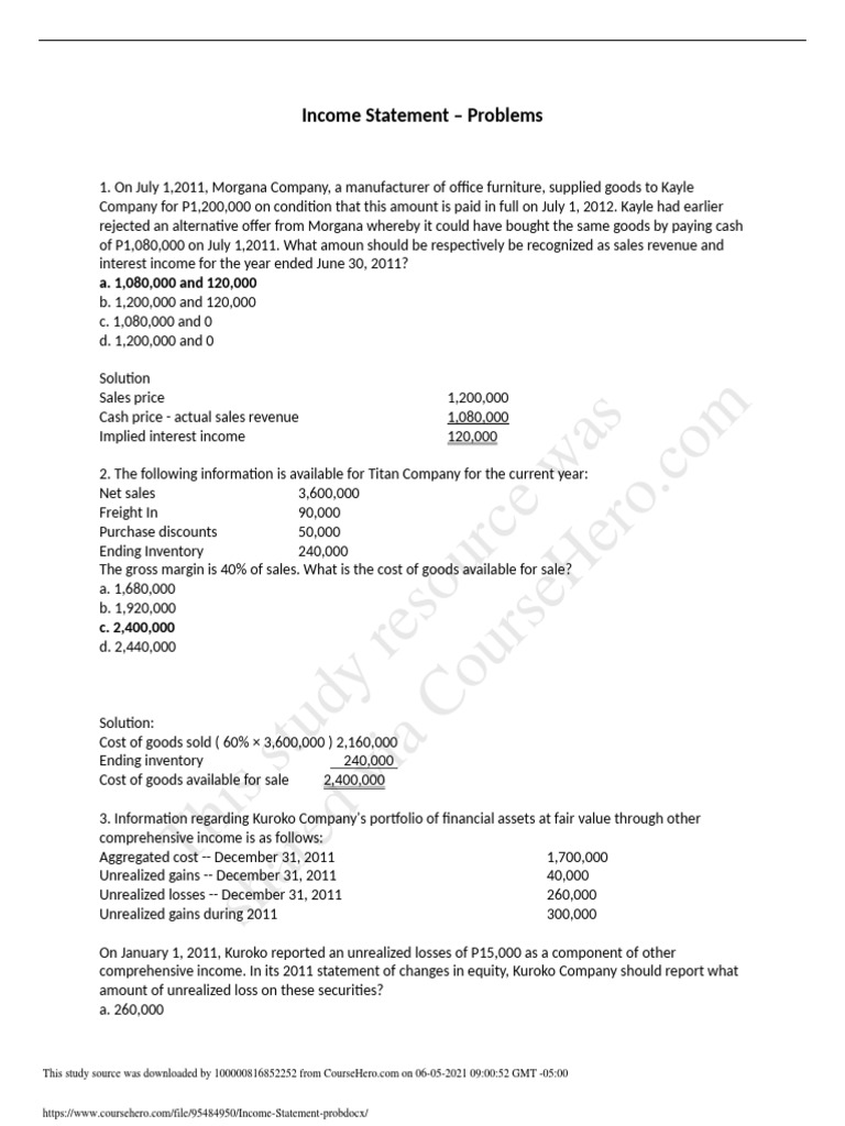 This Study Resource Was: Income Statement - Problems | Download Free ...