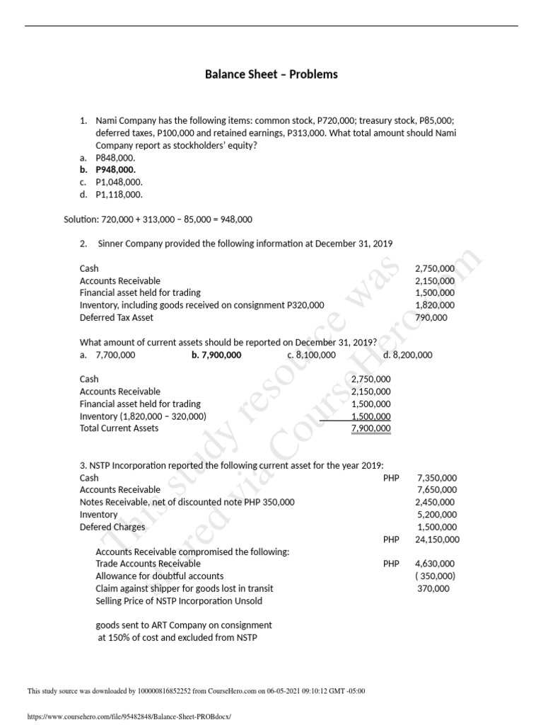 This Study Resource Was: Balance Sheet - Problems | PDF | Balance Sheet ...