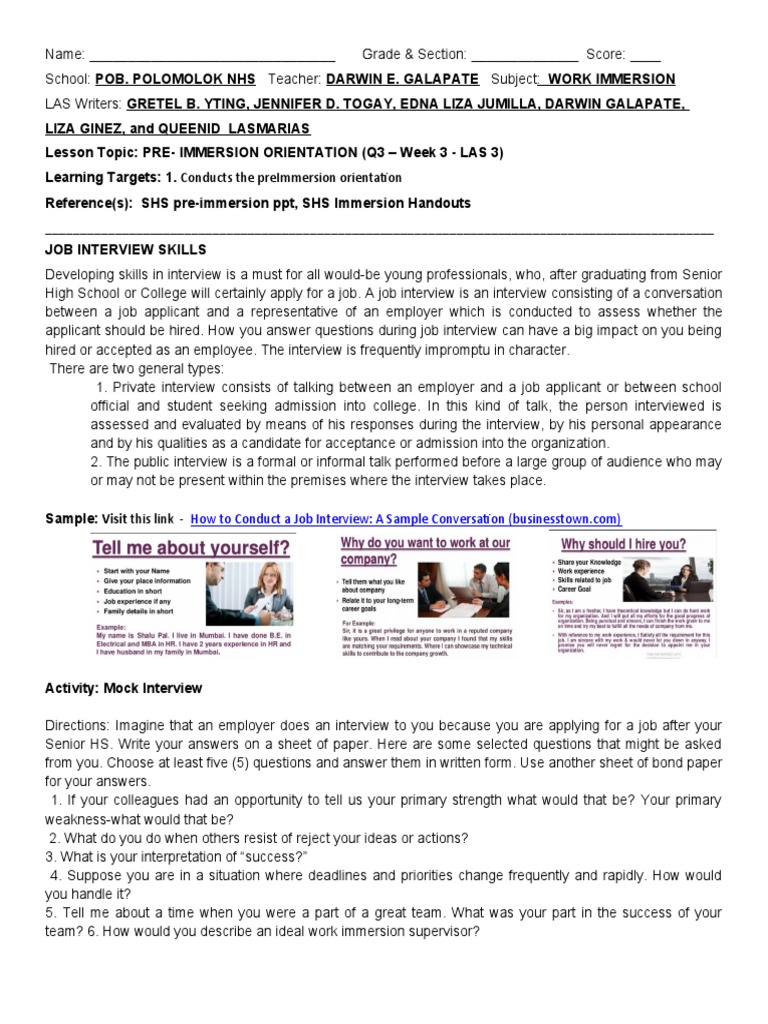 LAS Work Immersion TVL STEM Quarter 3 Week 3 LAS 3 | PDF | Interview ...