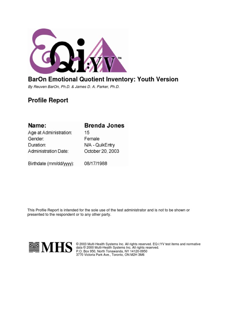 Youth Version BarOn Emotional Quotient Inventory | PDF | Emotional ...