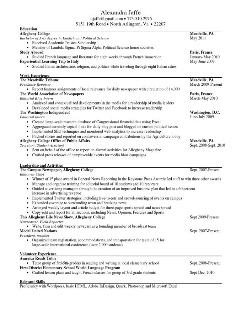 Alexandra Jaffe Resume | Download Free PDF | Newspapers | News