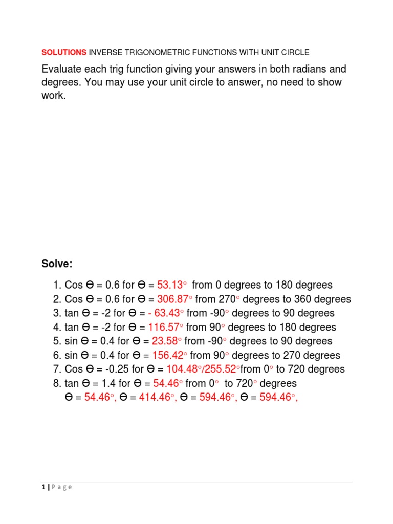 Solutions Inverse Trigonometric Functions With Unit Circle | PDF ...