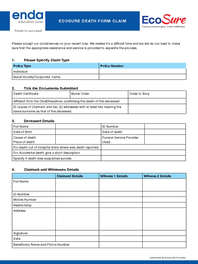 Ecosure Death Form Claim: 1. Please Specify Claim Type | PDF | Social ...