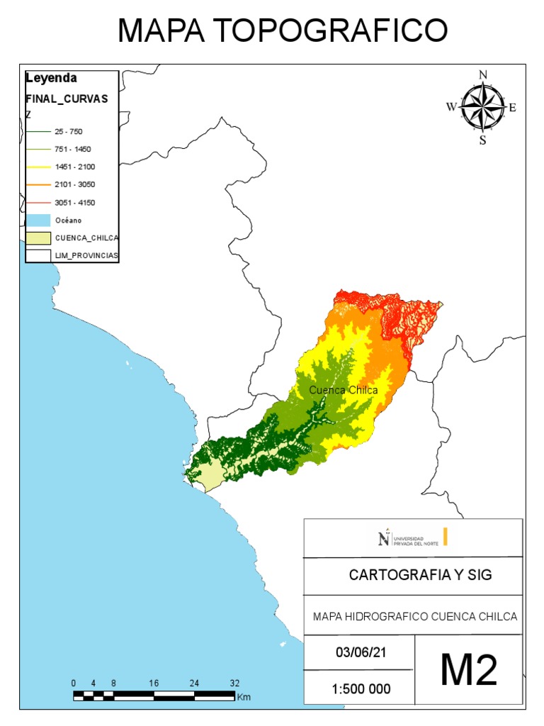 Mapa topográfico de la cuenca hidrográfica de Chilca con curvas de ...