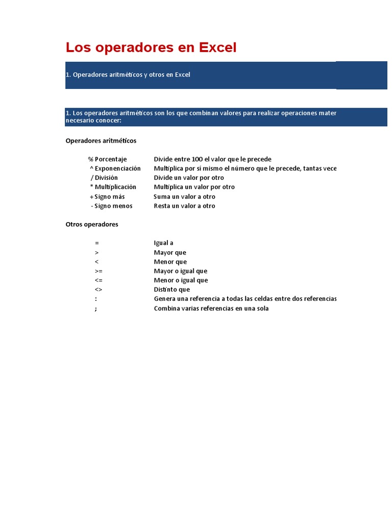 2-Los Operadores en Excel | PDF | Microsoft Excel | Notación Matemática