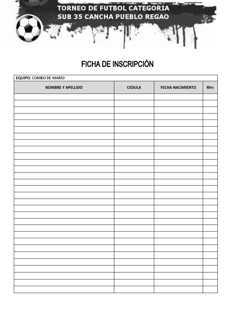 Ficha de Inscripción | PDF | Asociación de Futbol | Códigos de fútbol