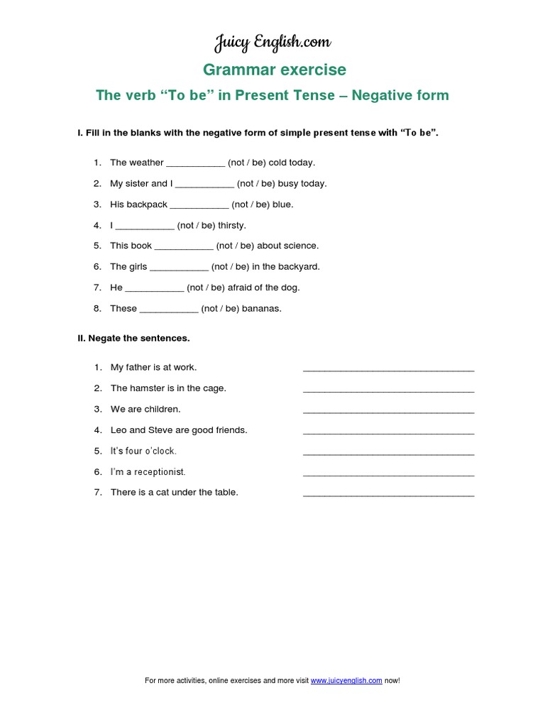Grammar Exercise: The Verb "To Be" in Present Tense - Negative Form | PDF