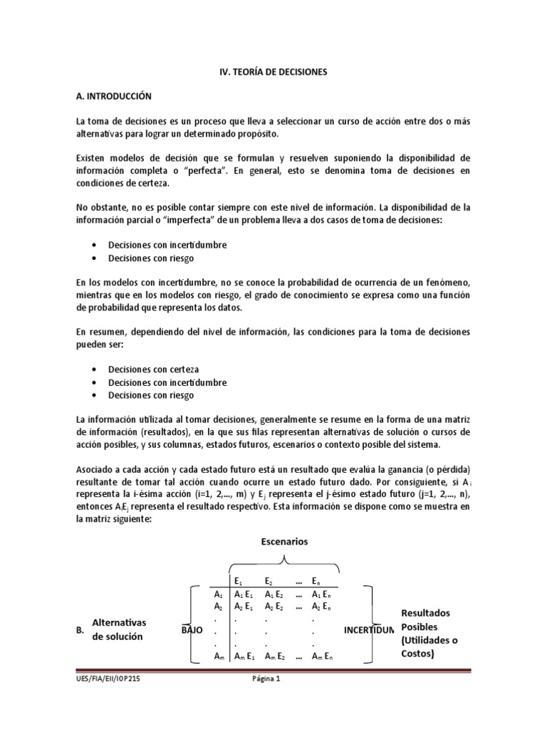Clases 1,2,3,4 Teoría de Decisiones Versión Estudiantil | PDF | Teoría ...