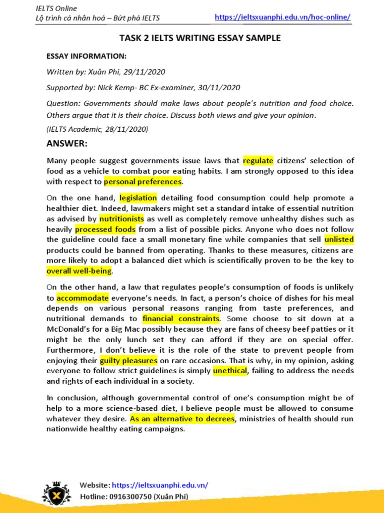 Task 2 Ielts Writing Essay Sample | PDF | Diet (Nutrition) | Diet ...