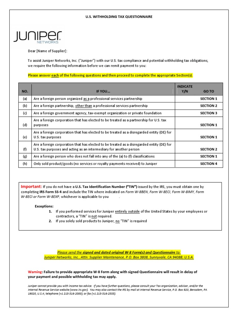 U.S. Tax Compliance Questionnaire | PDF | Withholding Tax | Royalty Payment