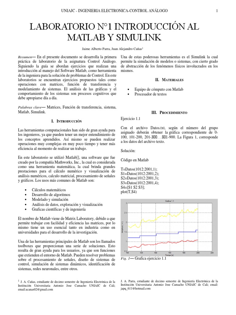 Informe Laboratorio 1 Matlab y Simulink | PDF | Matlab | Ciencias de la Computación