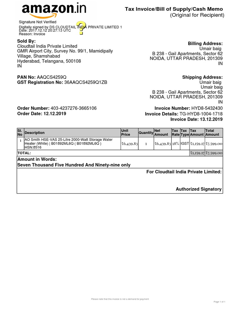 Purchase Invoice for a 25-Liter 2000-Watt Storage Water Heater | PDF ...