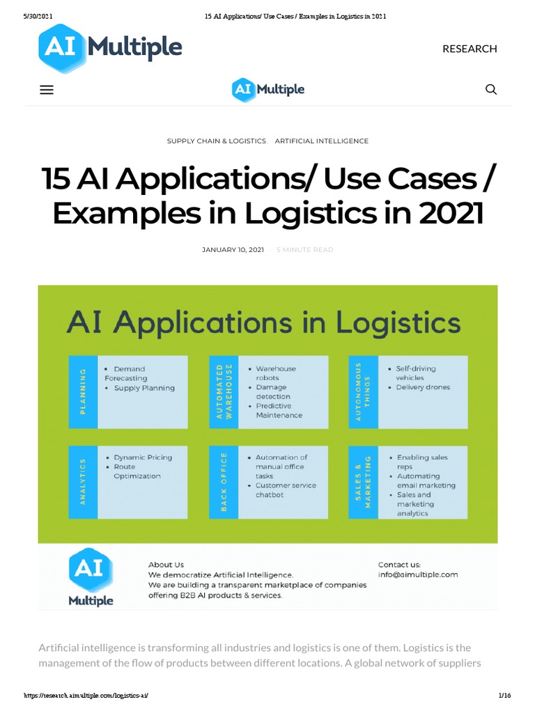 15 AI Applications - Use Cases - Examples in Logistics in 2021 | PDF | Artificial Intelligence ...