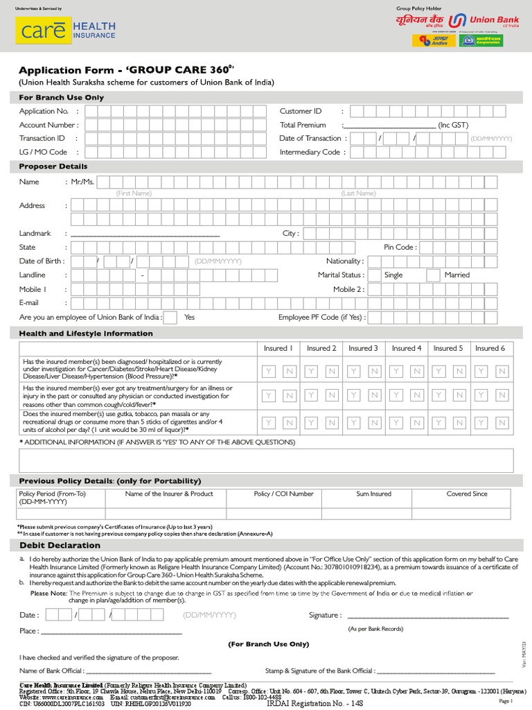 UBI Group Care 360 Application Form (UHS) Union Health Suraksha | PDF ...