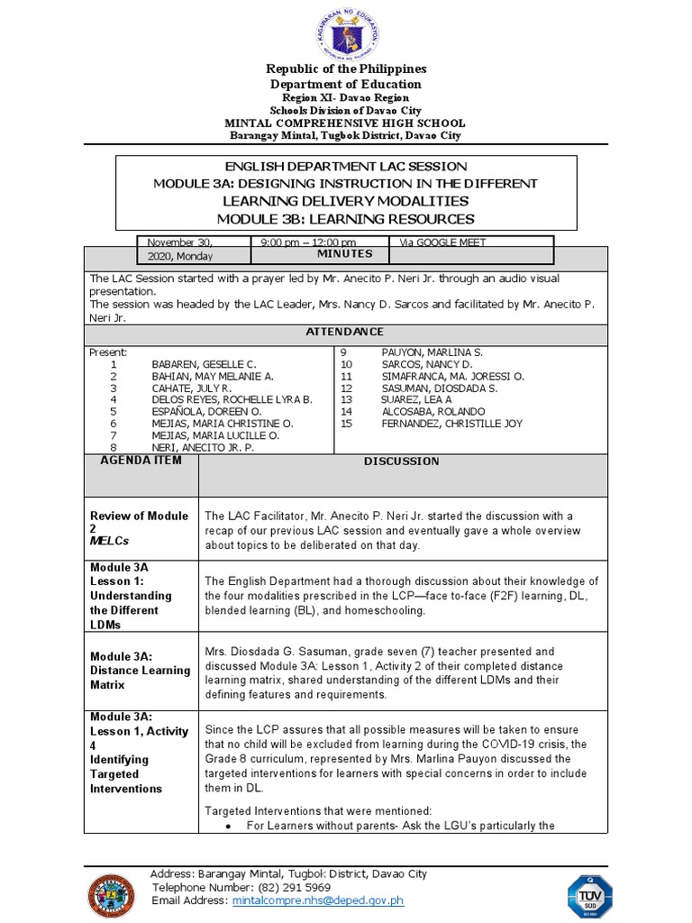 Third Lac Session Minutes Module 3a and Mod3b | PDF | Teaching ...