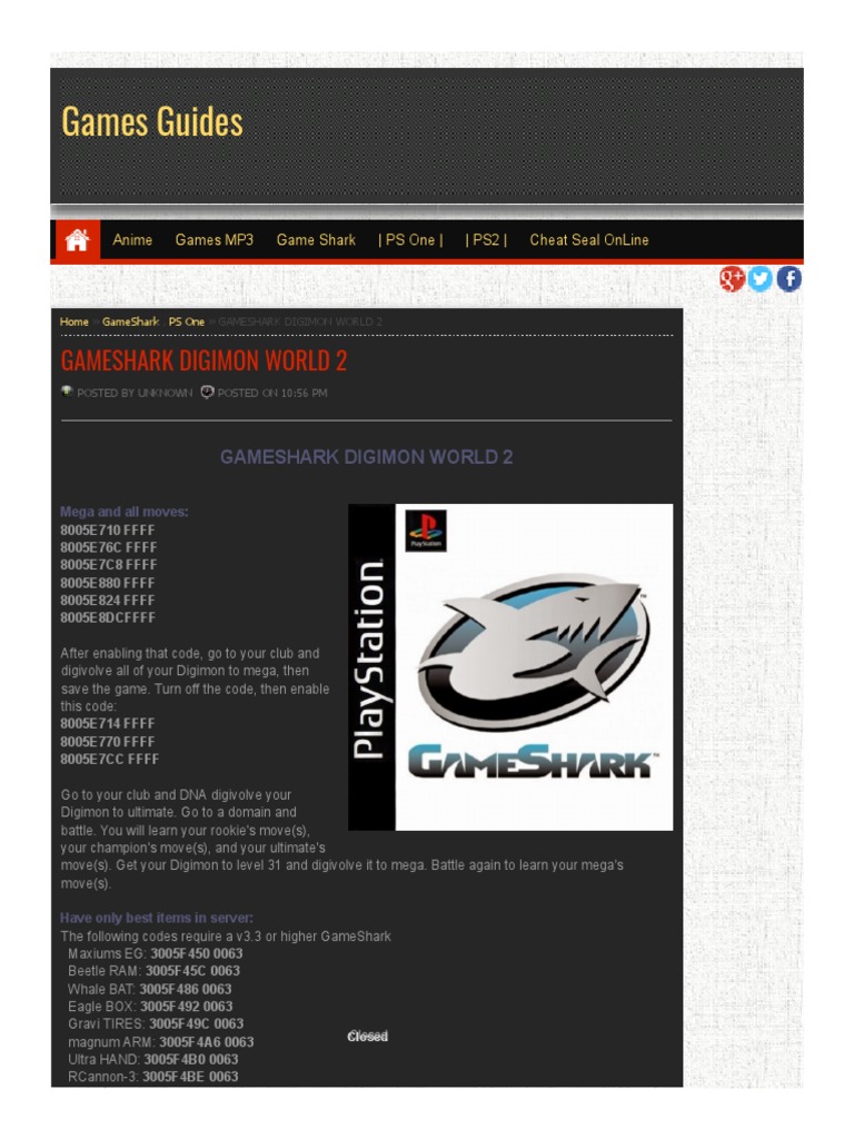 GAMESHARK DIGIMON WORLD 2 Games Guides | PDF | Nature
