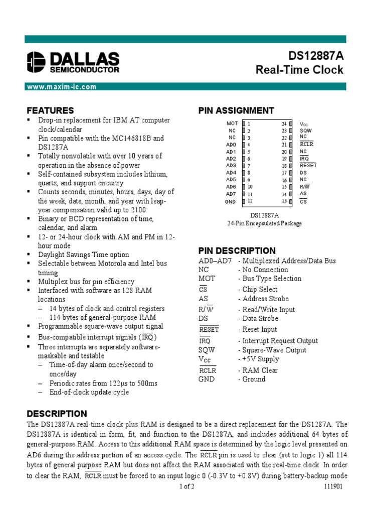 DS12887A Real-Time Clock: Features Pin Assignment | PDF | Input/Output ...
