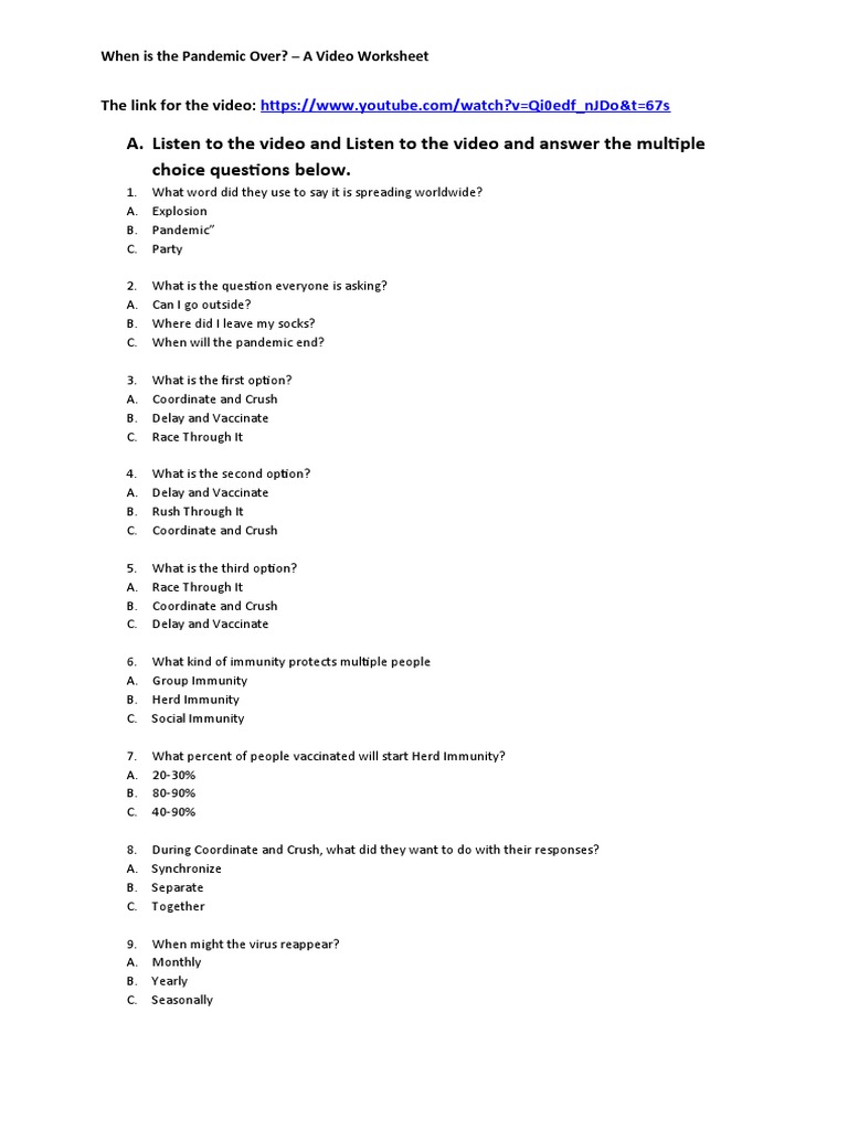 Pandemic End Video Worksheet | PDF | Virus | Infection