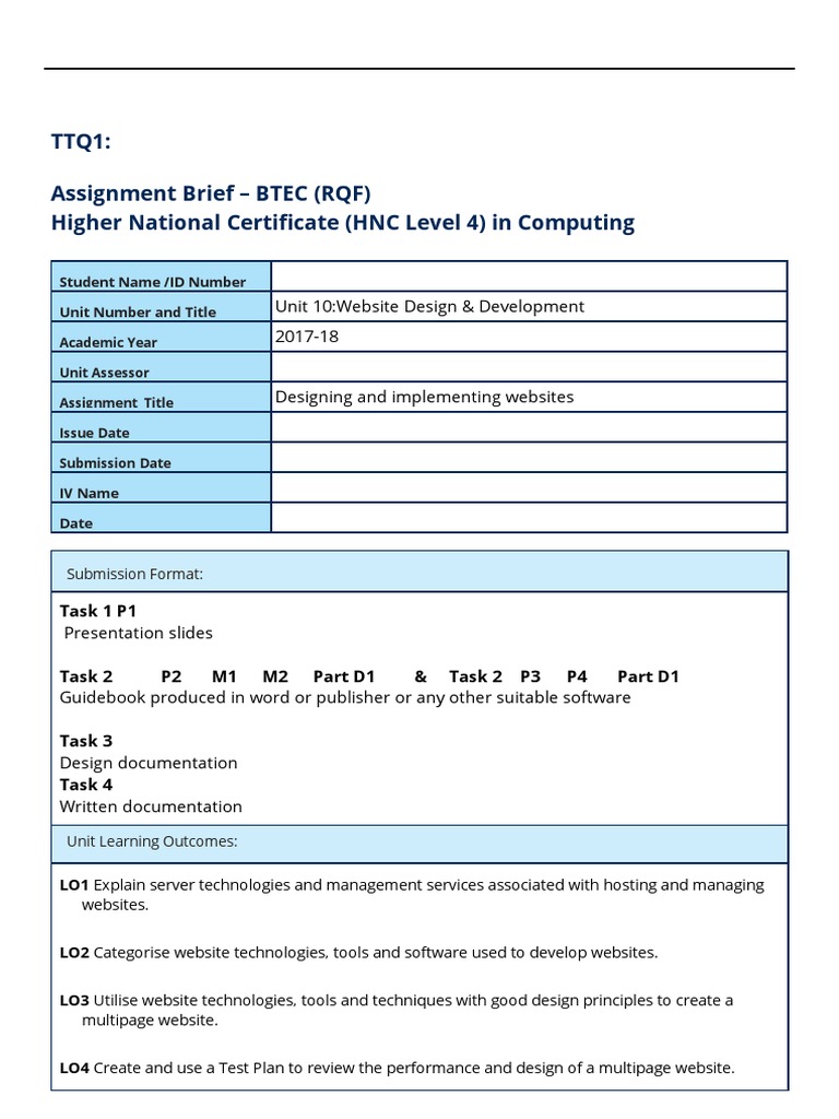 TTQ1: Assignment Brief - BTEC (RQF) Higher National Certificate (HNC ...