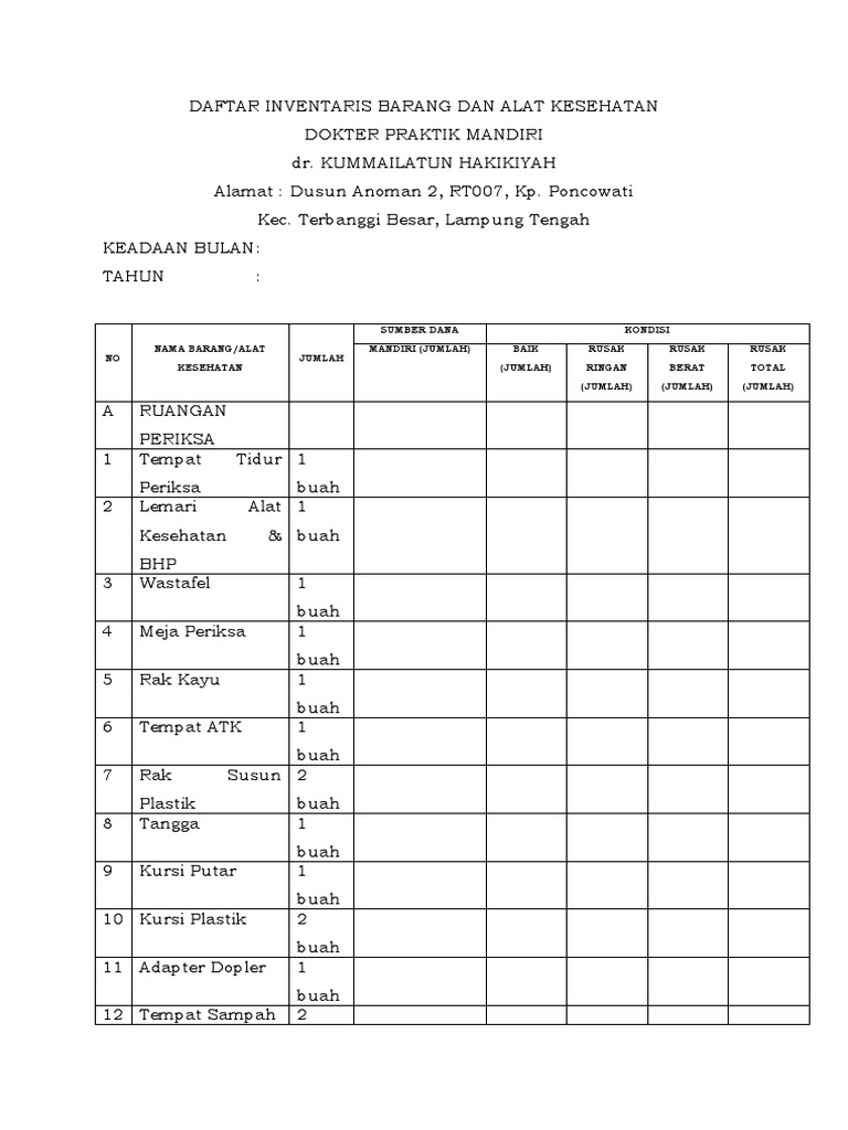 Form DAFTAR INVENTARIS BARANG DAN ALAT KESEHATAN | PDF