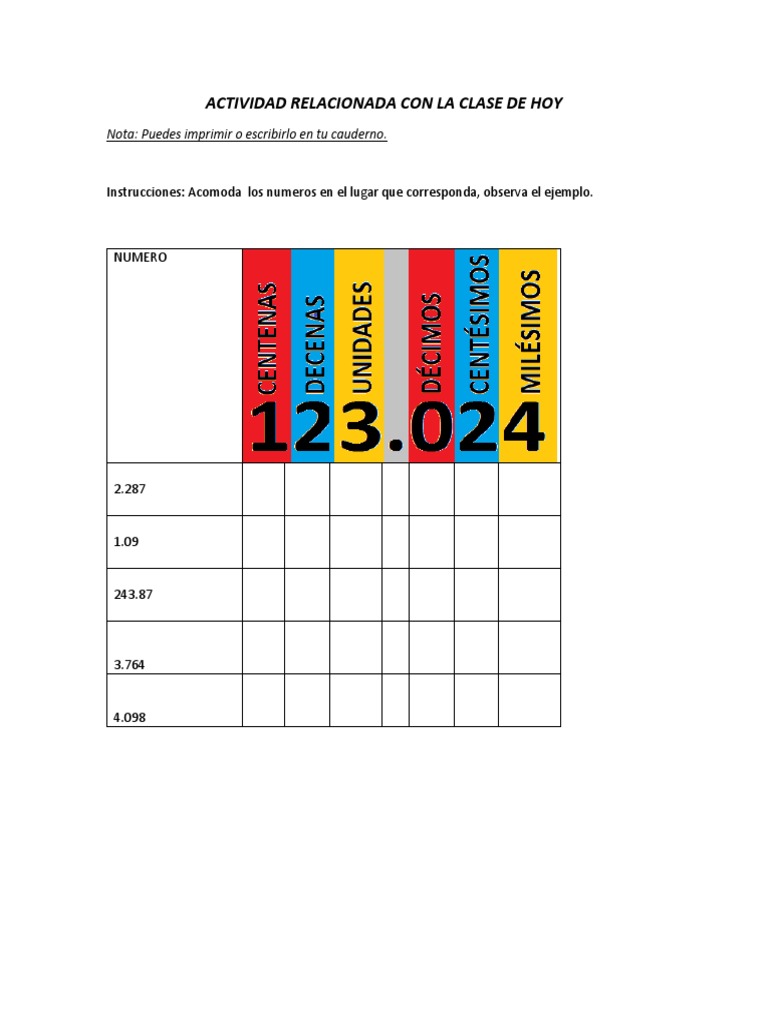 Actividad Décimos. Centésimos y Milésimos | PDF