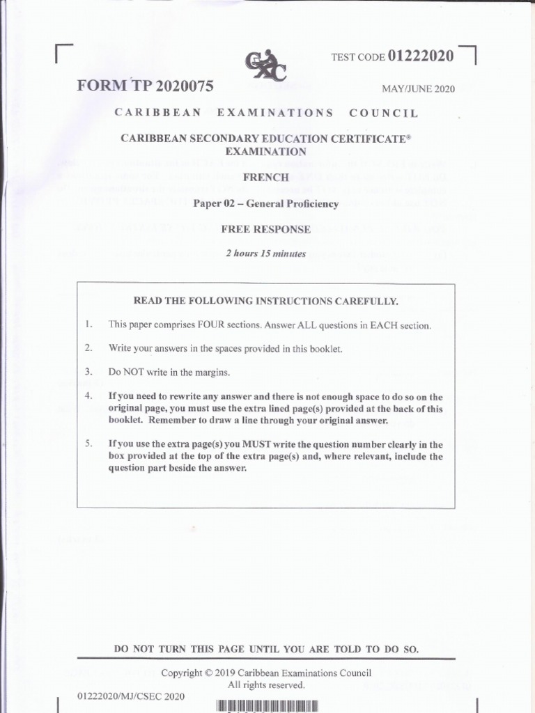 CSEC French Paper 02 - 2020 | PDF