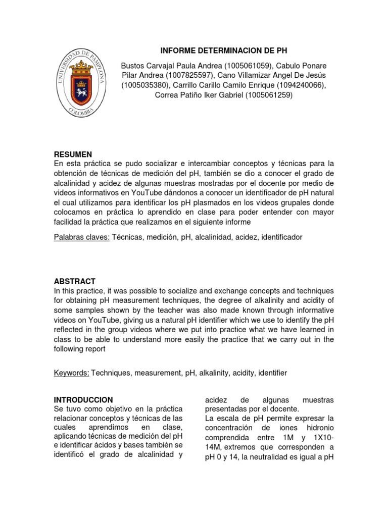 Informe Determinacion de PH | PDF | Ph | Valoración