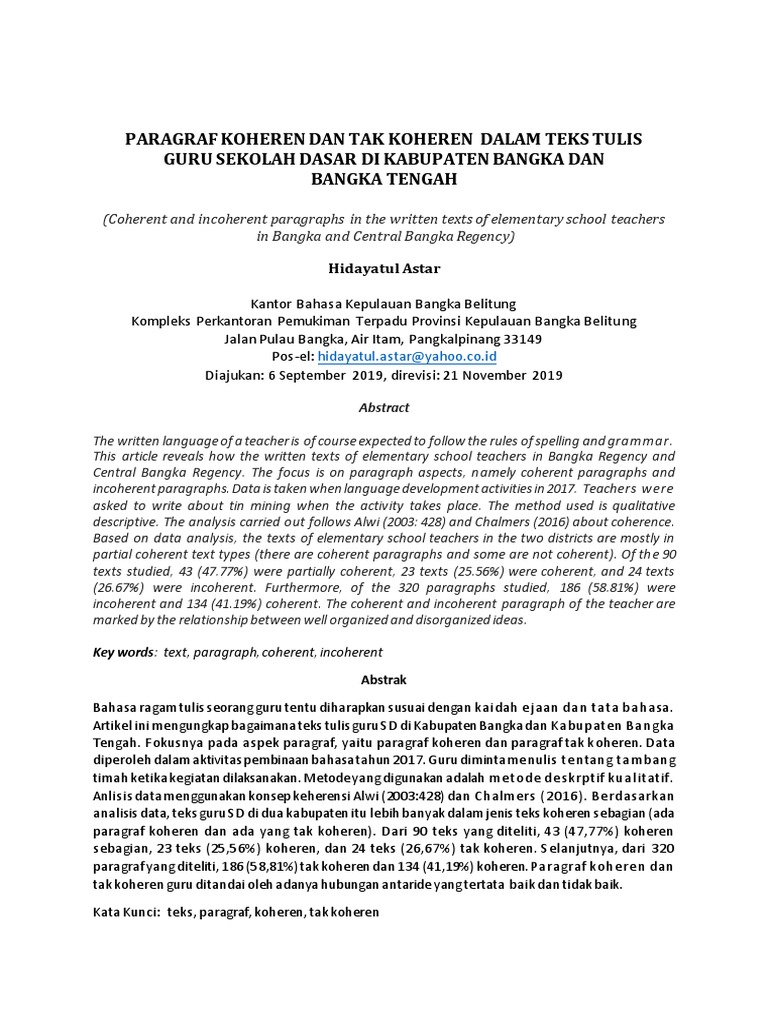 Paragraf Koheren Dan Tak Koheren Dalam Teks Tulis Guru Sekolah Dasar Di ...