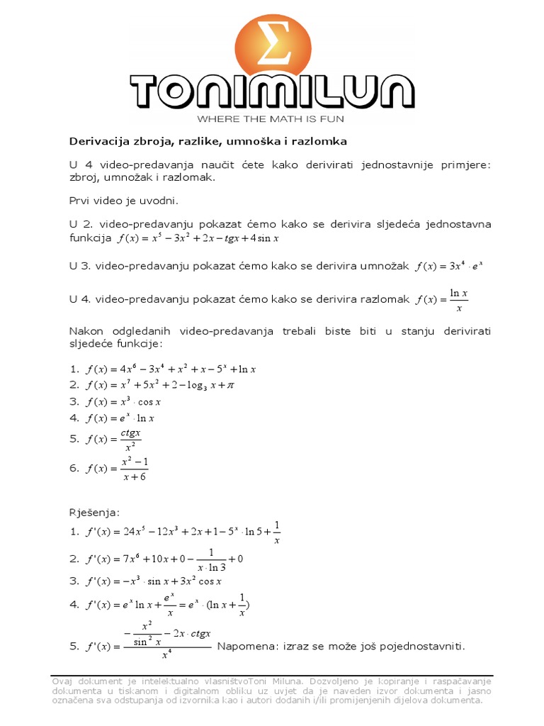 Derivacija Zbroja Umnoska I Razlomka | PDF
