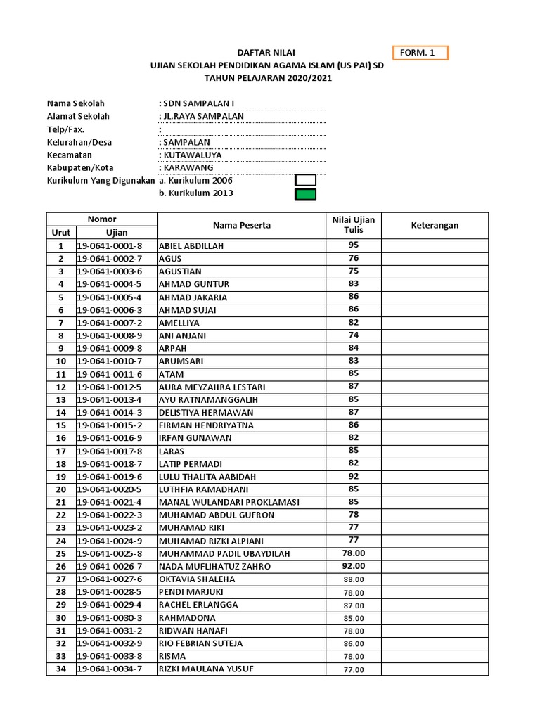 Format Daf - Nilai Us Pai-Sdn Sampalan I 2020-2021 | PDF