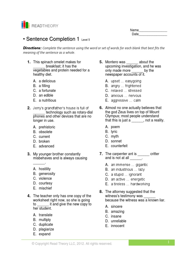 Level 5 Sentence Completion 1 | PDF | Question | Poetry