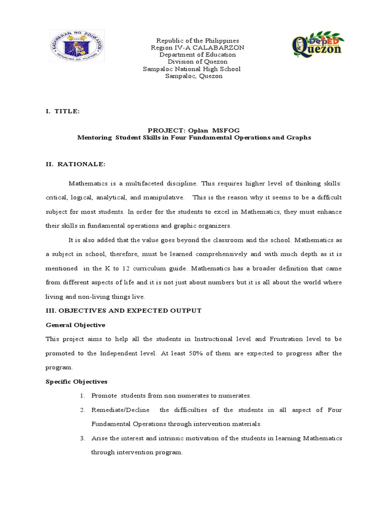 I. Title: Project: Oplan Msfog Mentoring Student Skills in Four ...