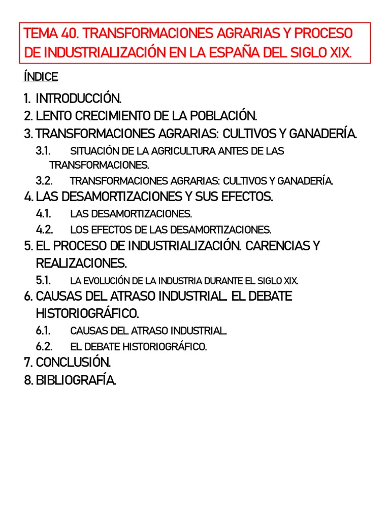 Tema 40. Transformaciones Agrarias Y Proceso de Industrialización en La España Del Siglo Xix ...