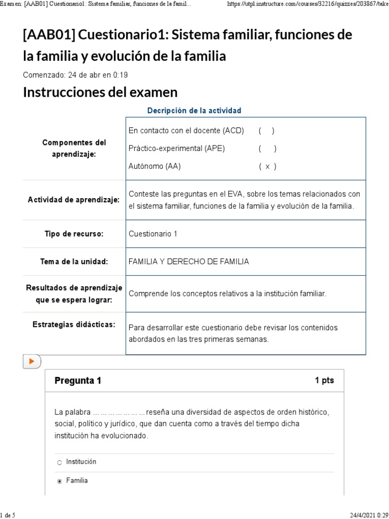 Examen (AAB01) Cuestionario1 Sistema Familiar, Funciones de La Familia ...