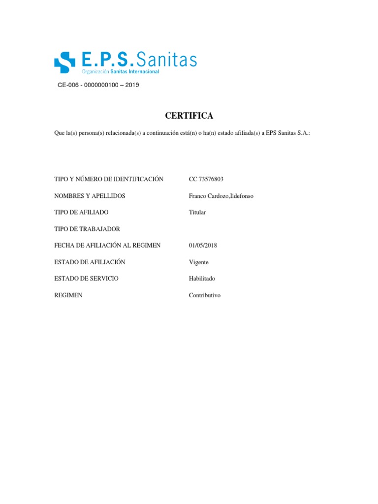 Certificado Afiliacion Sanitas | PDF