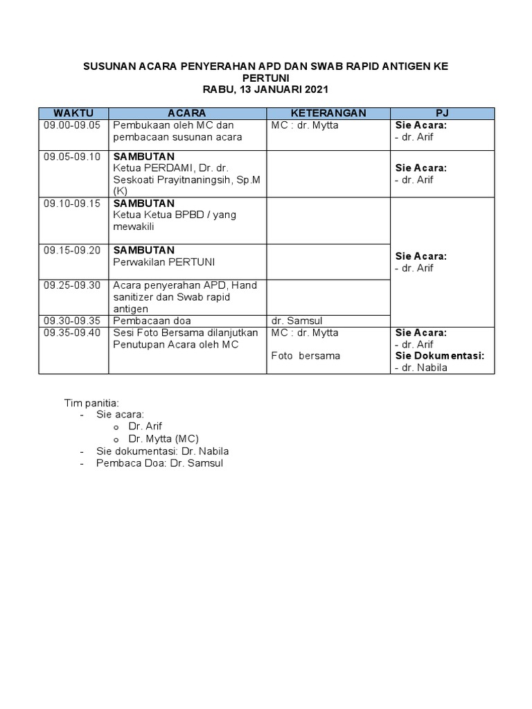 Susunan Acara Penyerahan Apd Dan Rapid Pertuni Rev.9 | PDF