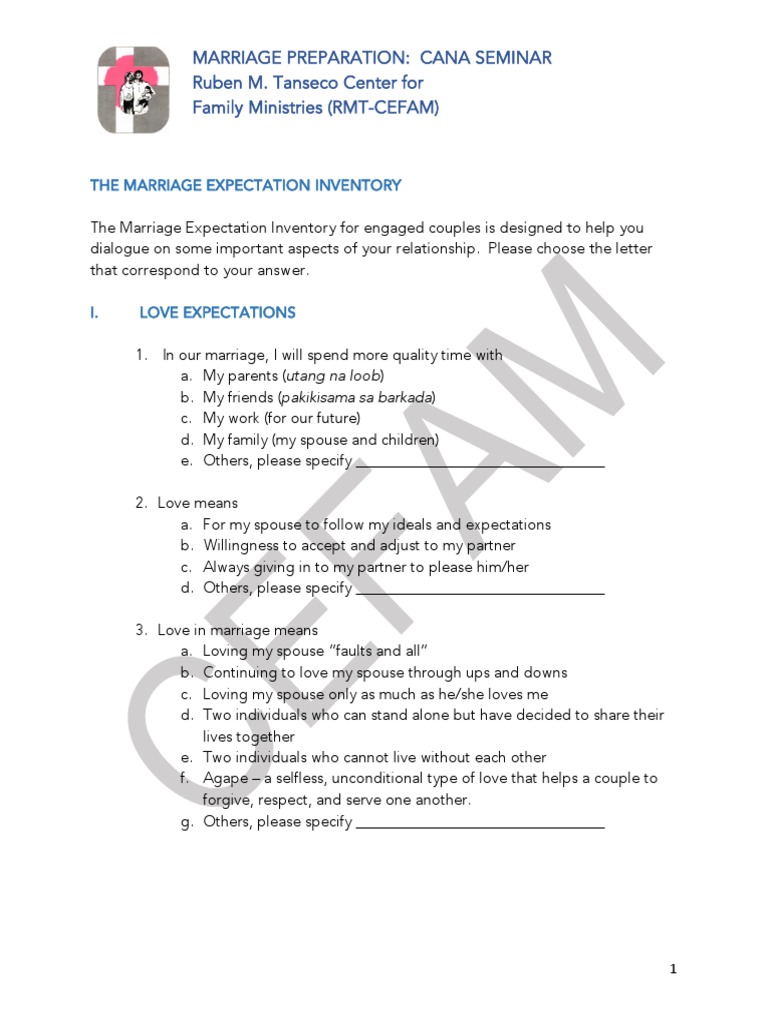 Marriage Preparation: Cana Seminar Ruben M. Tanseco Center For Family ...