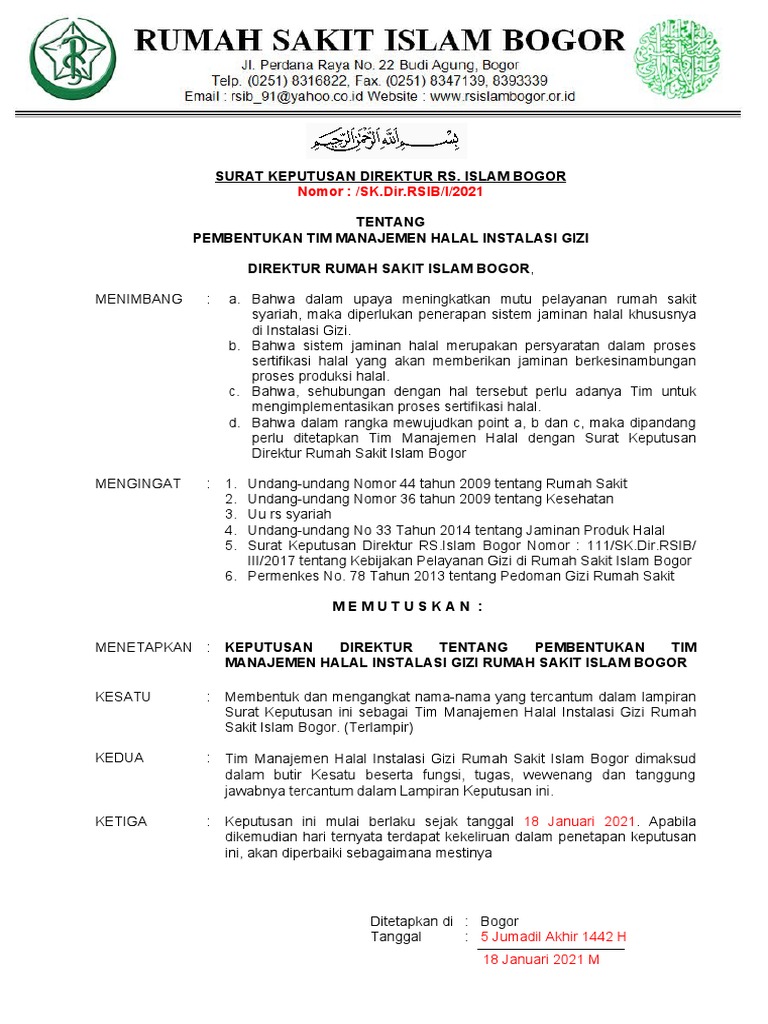 Pembentukan Tim Manajemen Halal RSIB | PDF