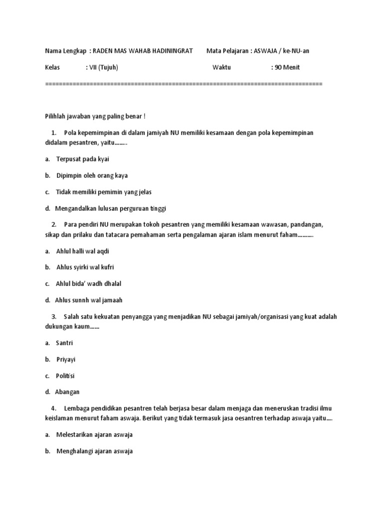 Soal Aswaja Kelas 7 Baru | PDF