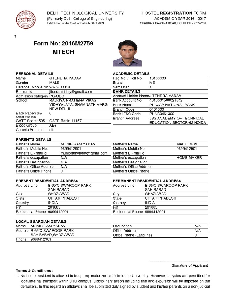 Form No: 2016M2759 Mtech: Delhi Technological University Hostel Registration Form | Download ...