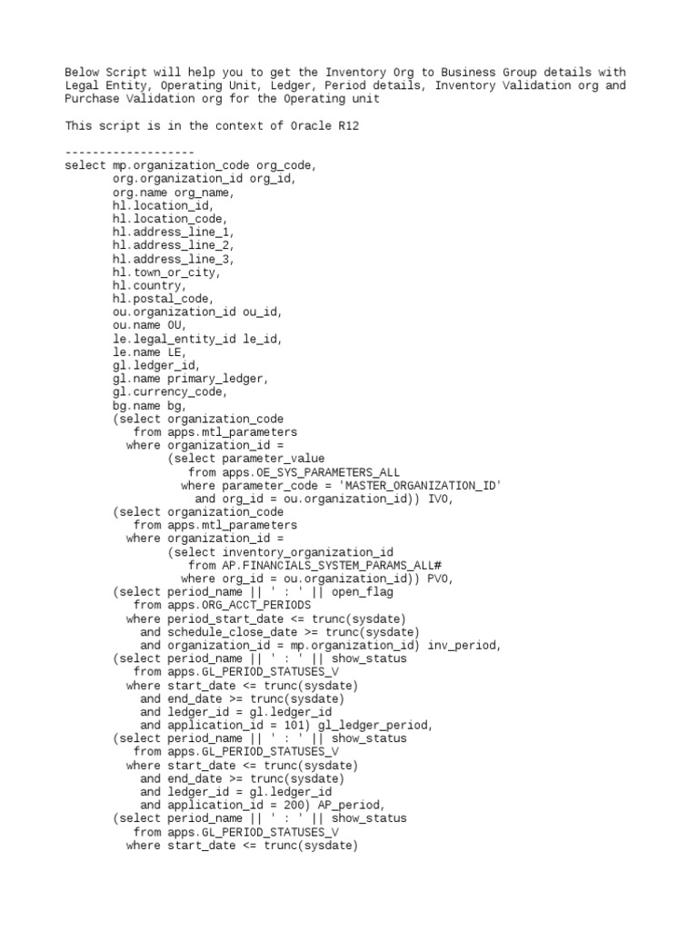 SQL Script For Getting The Details of Inventory Org To Business Group | PDF | Databases | Data ...