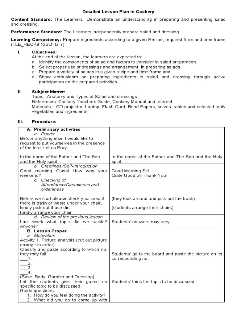 Detailed Lesson Plan in Cookery | PDF | Vinegar | Salad
