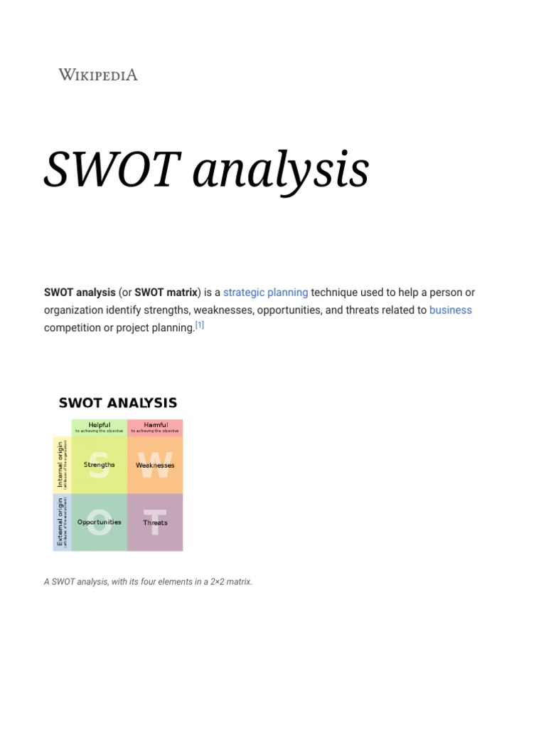 SWOT Analysis - Wikipedia | PDF | Swot Analysis | Strategic Management