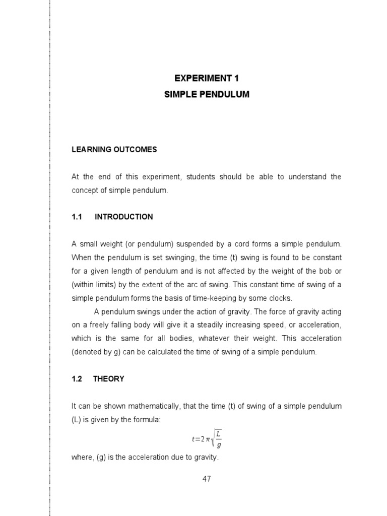 Experiment 1 Simple Pendulum: Learning Outcomes | PDF | Pendulum | Force