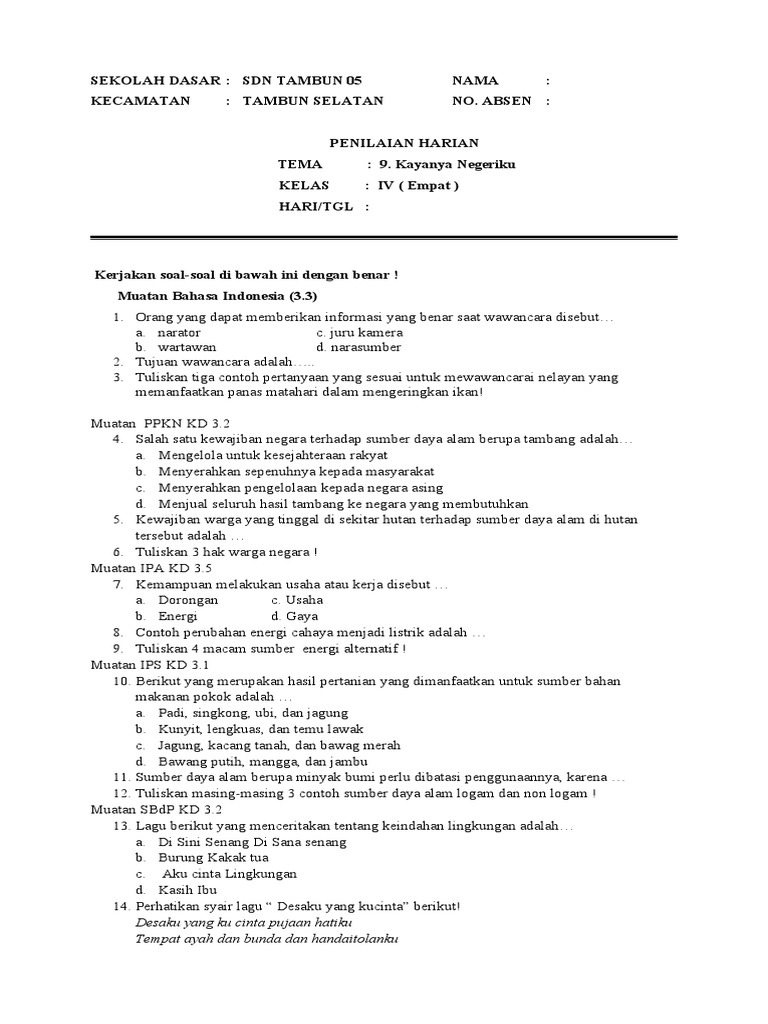 Soal Tema 9 | PDF | Kajian Bahasa Asing