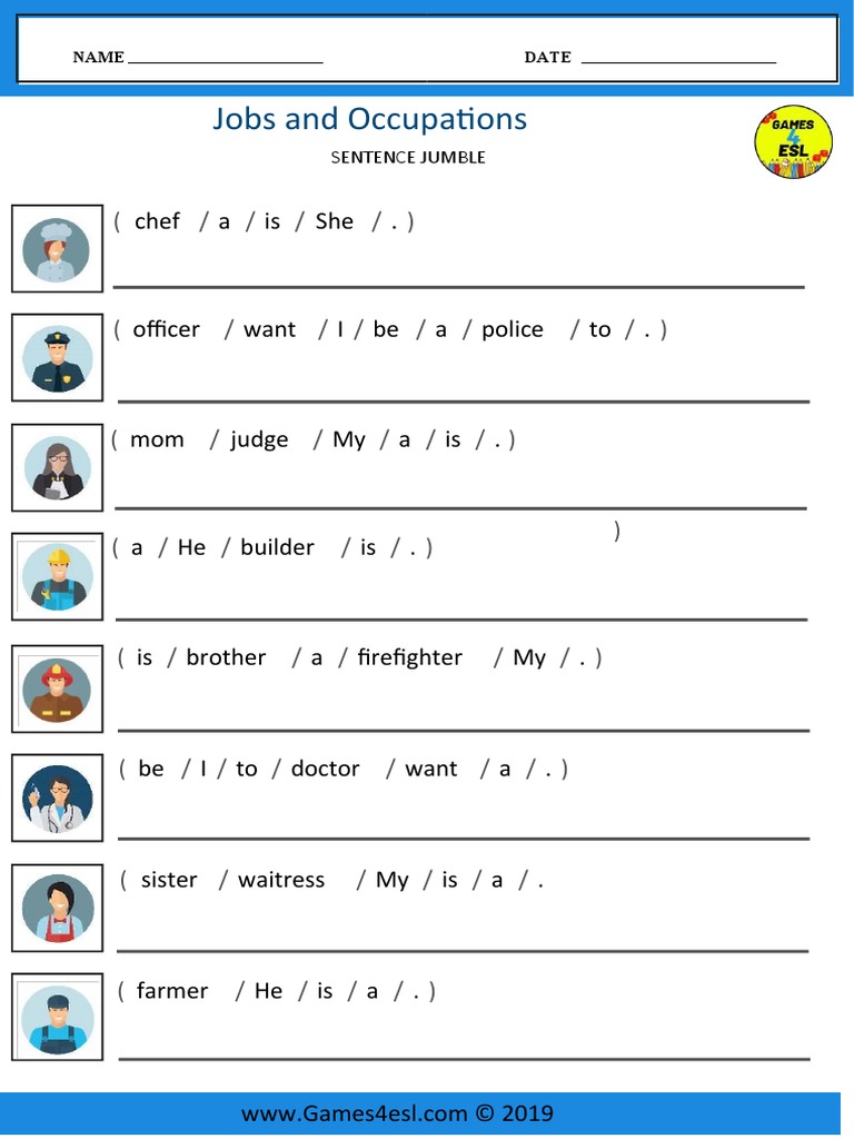0jobs and Occupations Worksheet Sentence Jumble | PDF